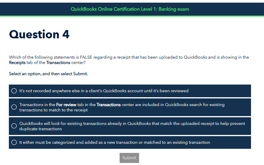 Solved: QuickBooks Online Certification Level 1: Banking exam Question ...