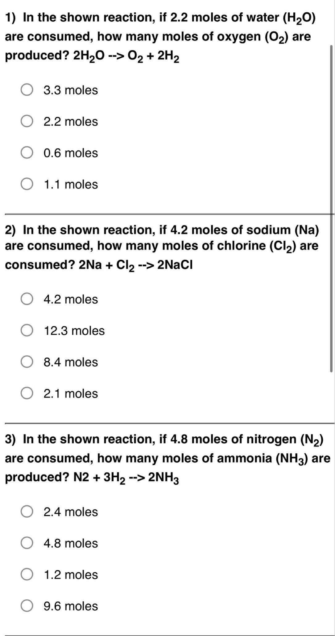Solved: In the shown reaction, if 2.2 moles of water (H_2O) are ...