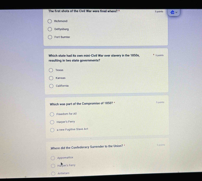 Solved: The first shots of the Civil War were fired where? * 5 points ...
