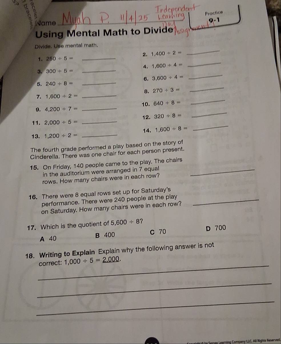 Solved: Practice Name 9-1 Using Mental Math to Divide _ Divide. Use ...