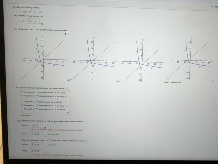Solved: Consider the following function. DET f(x)=x^2-4,x≤ 0 (a) Find the inverse function of f ...