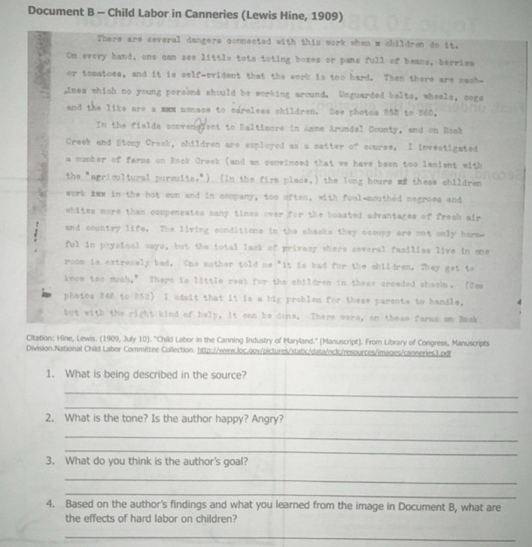 Solved: Document B - Child Labor in Canneries (Lewis Hine, 1909) There ...