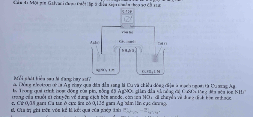 Giải quyết:Một pin Galvani được thiết lập ở điều kiện chuẩn theo sơ đồ ...