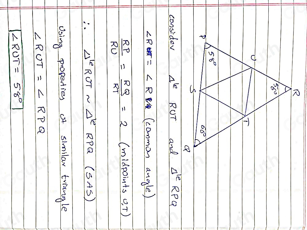 Solved: Triangle STU is formed by connecting the midpoints of the side of triangle PQR. The ...