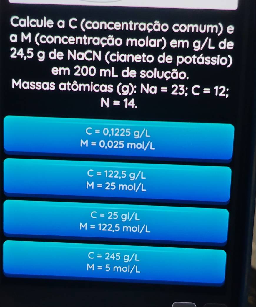 Resolvido:Calcule a C (concentração comum) e a M (concentração molar ...