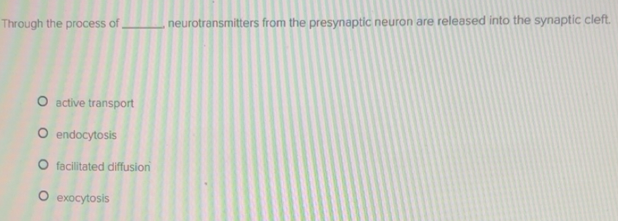 Solved: Through the process of_ , neurotransmitters from the ...
