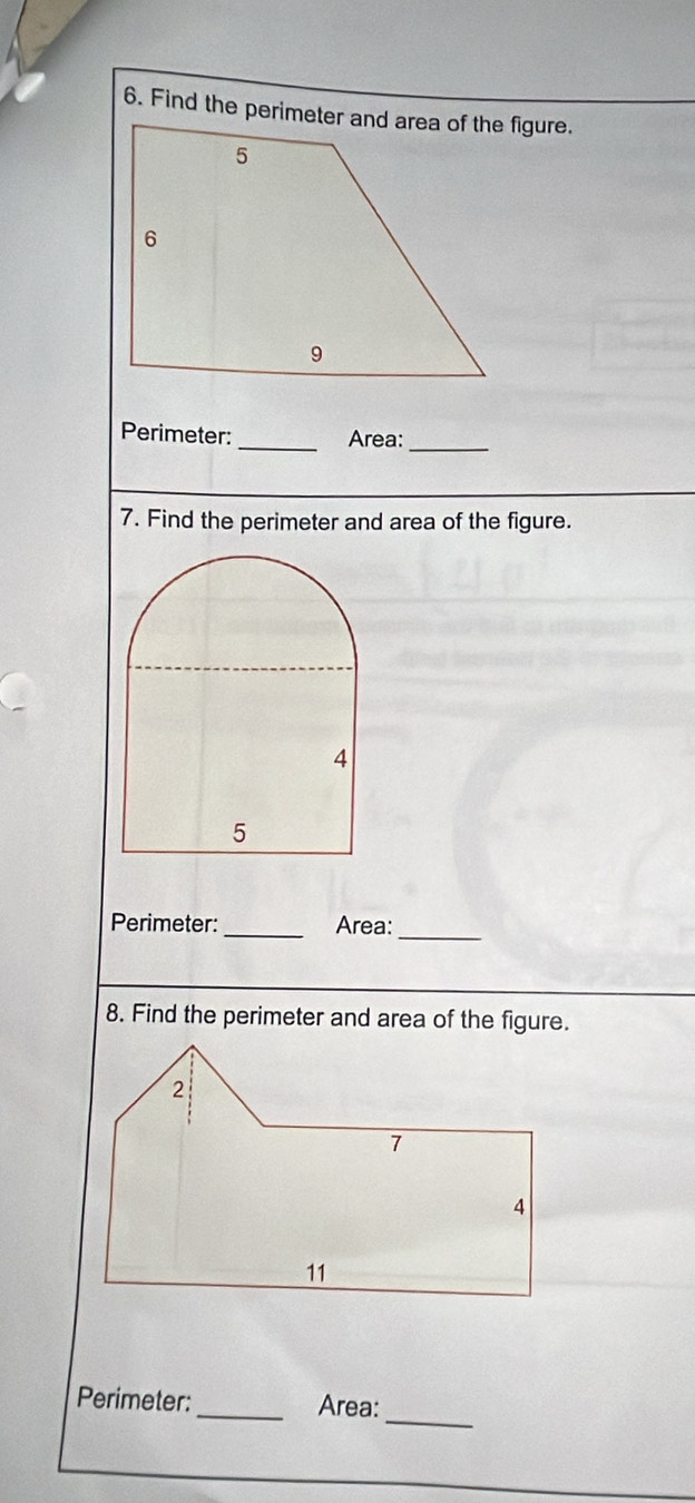 Solved: Perimeter:_ Area:_ 7. Find the perimeter and area of the figure ...