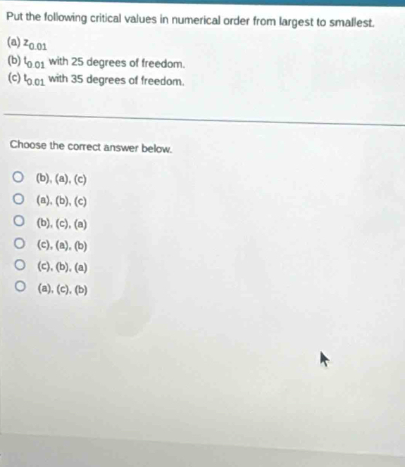 Solved: Put the following critical values in numerical order from largest to smallest. (a) z_0 ...