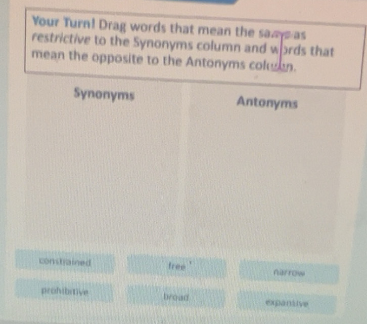 Solved: Your Turn! Drag words that mean the same as restrictive to the ...