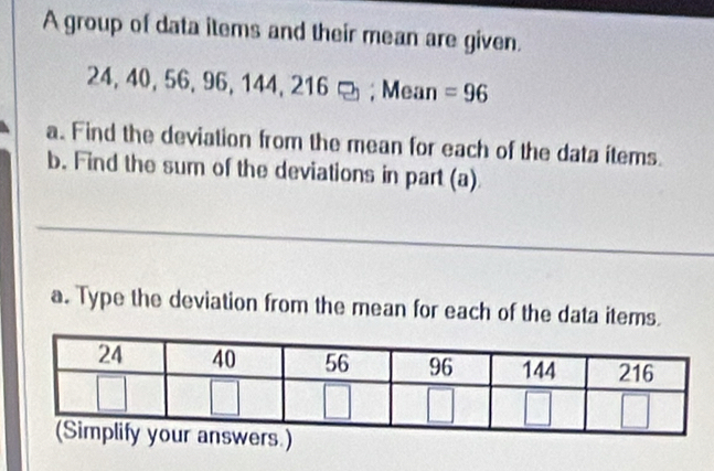 Solved: A group of data items and their mean are given. 24, 40, 56, 96 ...
