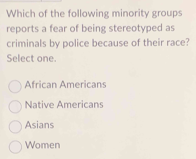 Solved: Which of the following minority groups reports a fear of being ...