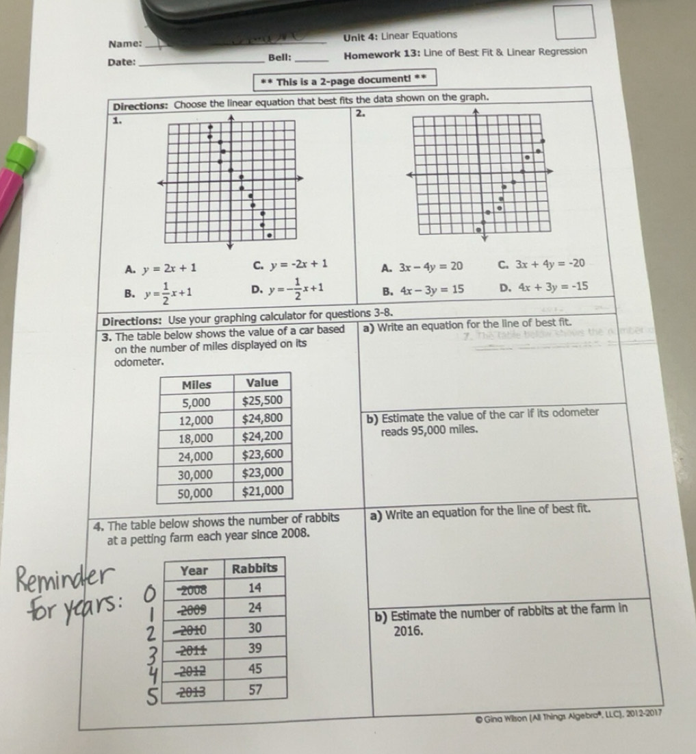 Solved: Name: __ Unit 4: Linear Equations Date: _Bell: _Homework 13 ...