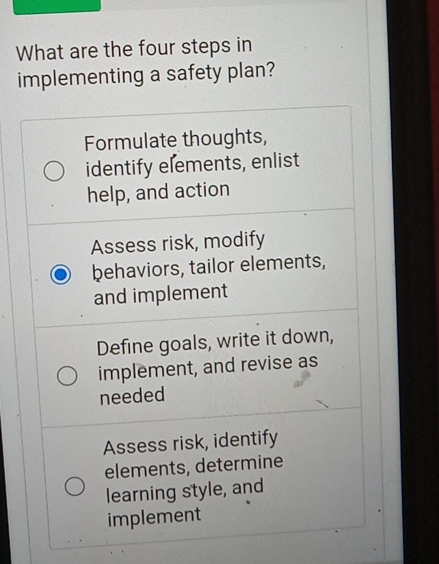 Solved: What are the four steps in implementing a safety plan ...