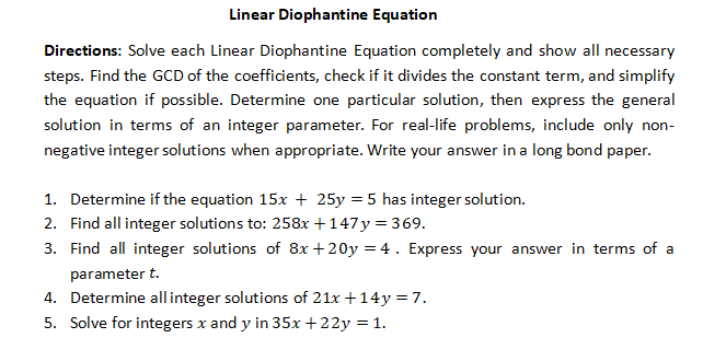 Solved: Linear Diophantine Equation Directions: Solve each Linear ...