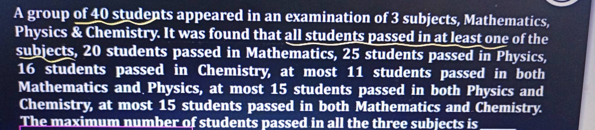 Solved: A group of 40 students appeared in an examination of 3 subjects ...