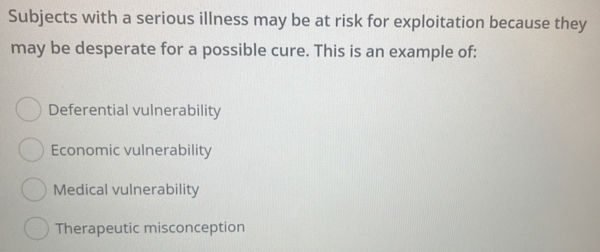 Solved: Subjects with a serious illness may be at risk for exploitation ...