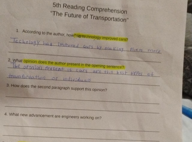 Solved: 5th Reading Comprehension “The Future of Transportation” _ 1 ...