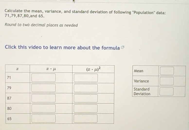 Solved: Calculate the mean, variance, and standard deviation of ...