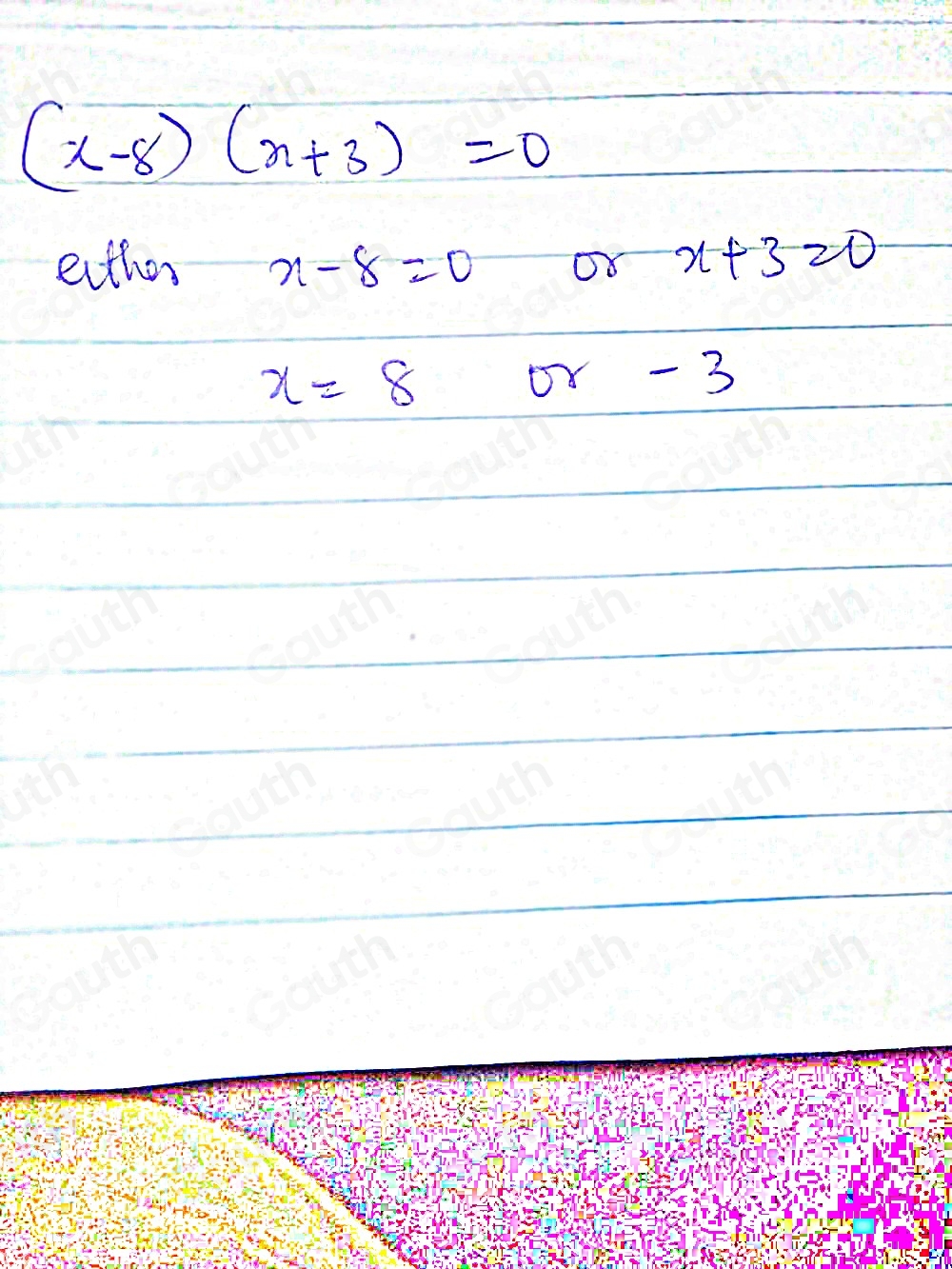 Solved: Find the two solutions to the equation (x-8)(x+3)=0 [Math]