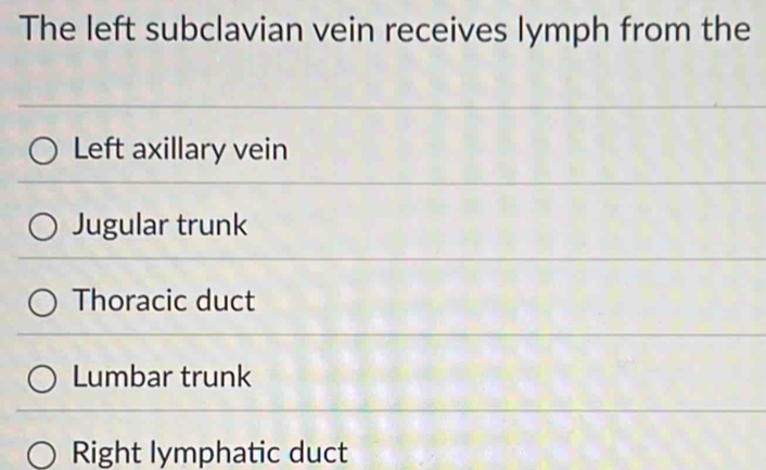 Solved: The left subclavian vein receives lymph from the Left axillary ...