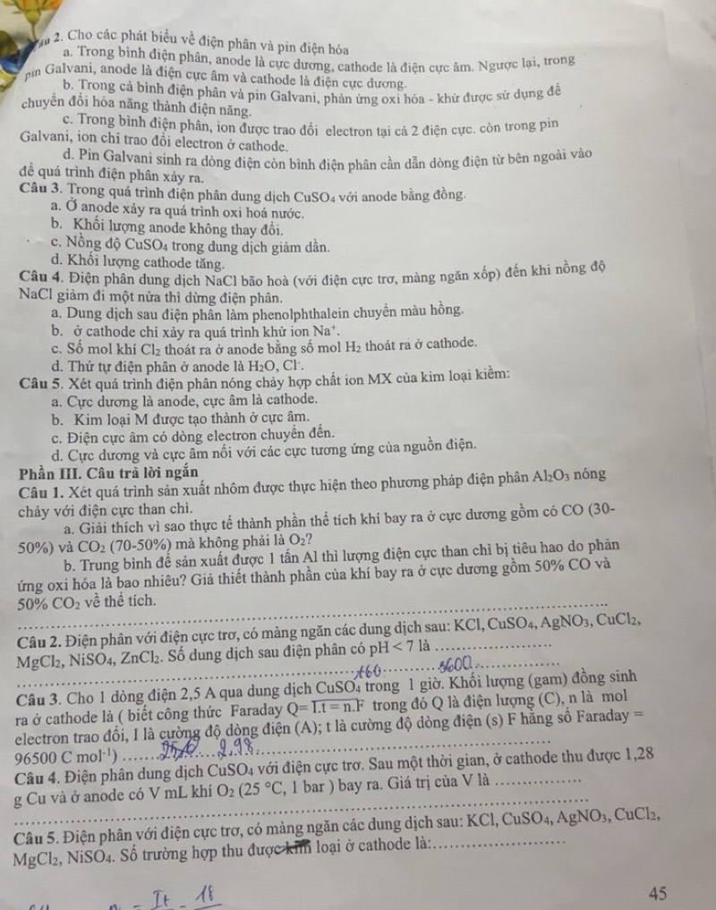 Giải quyết:Cho các phát biểu về điện phân và pin điện hóa a. Trong bình ...