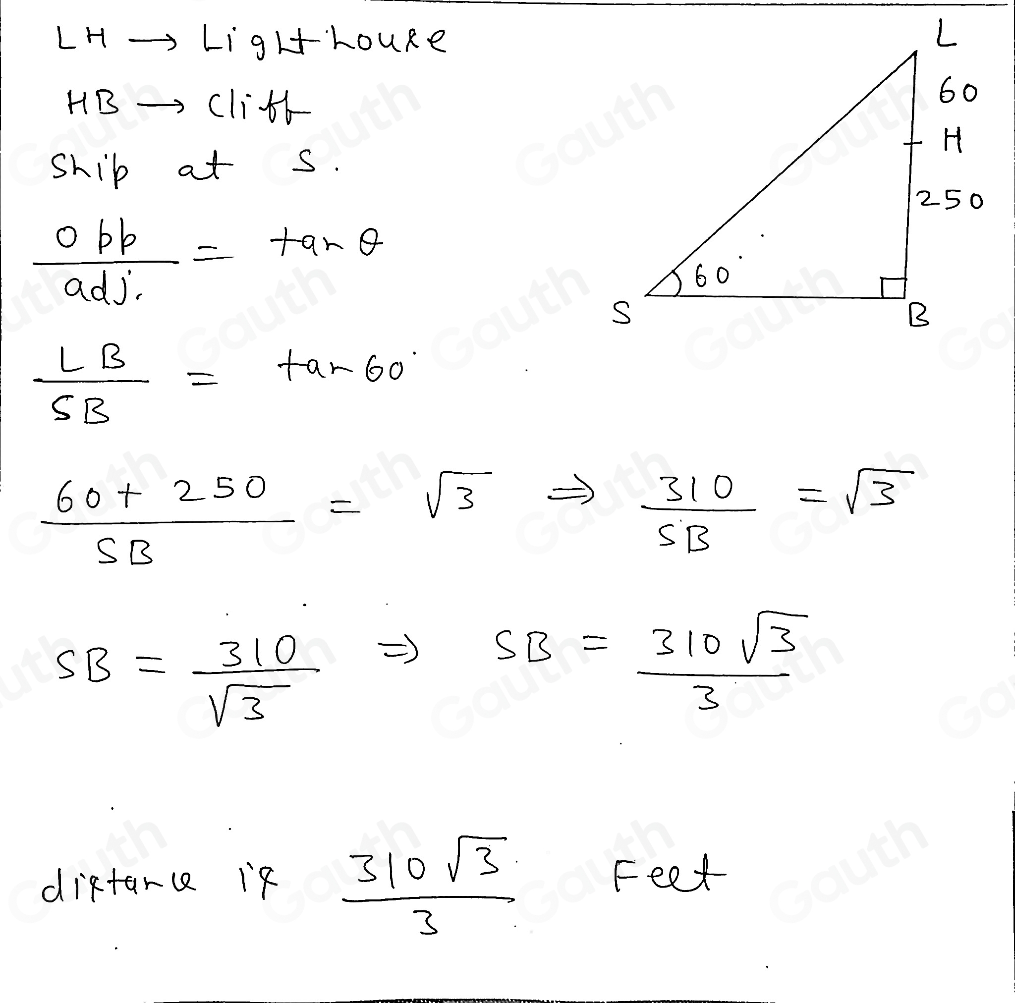 Solved: Suppose the angle of elevation from a ship to the top of a ...