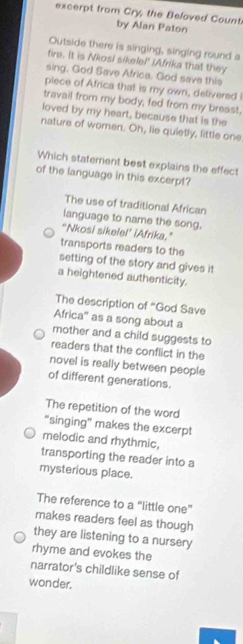 Solved: excerpt from Cry, the Beloved Counti by Alan Paton Outside ...