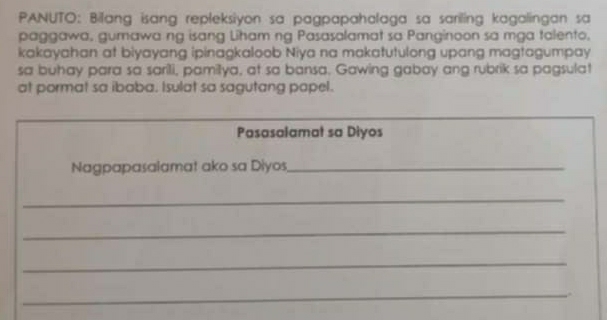 Solved: PANUTO: Bilang isang repleksiyon sa pagpapahalaga sa sariling ...