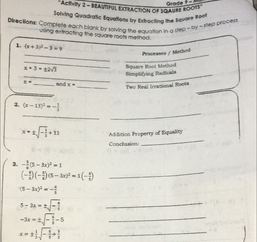Solved: Grade 9 - M “Activity 2 - BEAUTIFUL EXTRACTION OF SQAURE ROOTS ...
