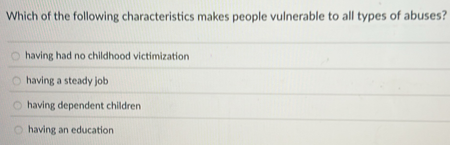 Solved: Which of the following characteristics makes people vulnerable ...
