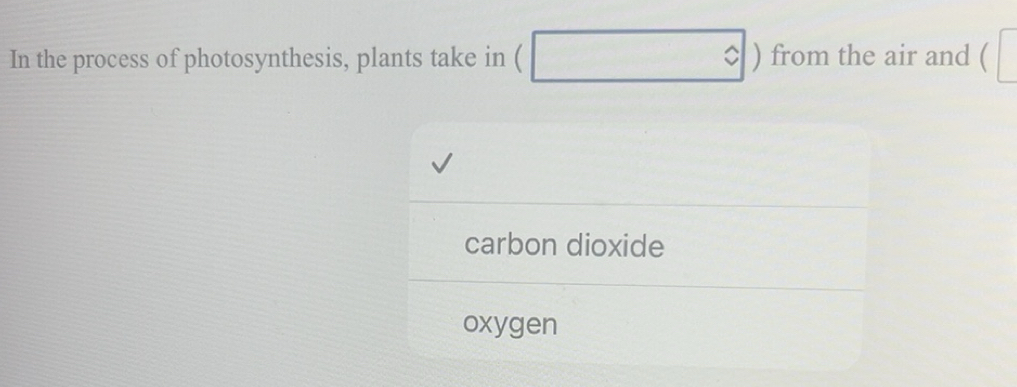 Solved: In the process of photosynthesis, plants take in ( ) from the ...