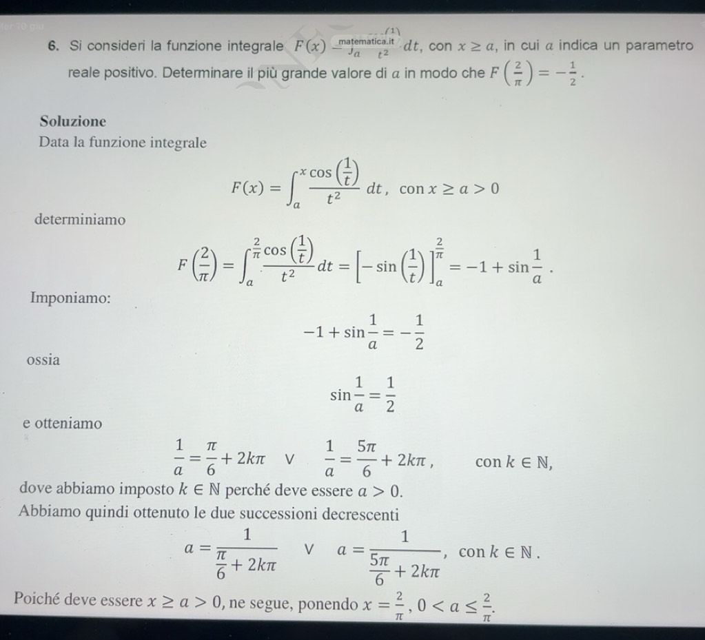 Risolto:Si consideri la funzione integrale F(x)= (matematica.it)/Jat ...
