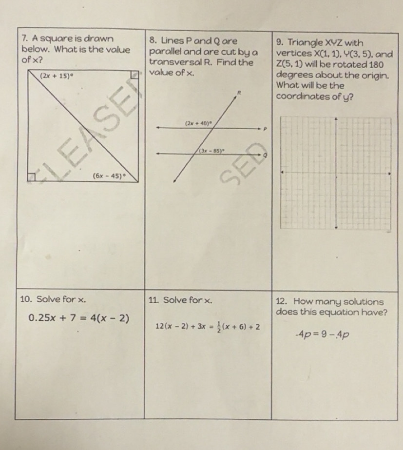 Solved: A square is drawn 8. Lines P and Q are 9. Triangle XYZ with ...