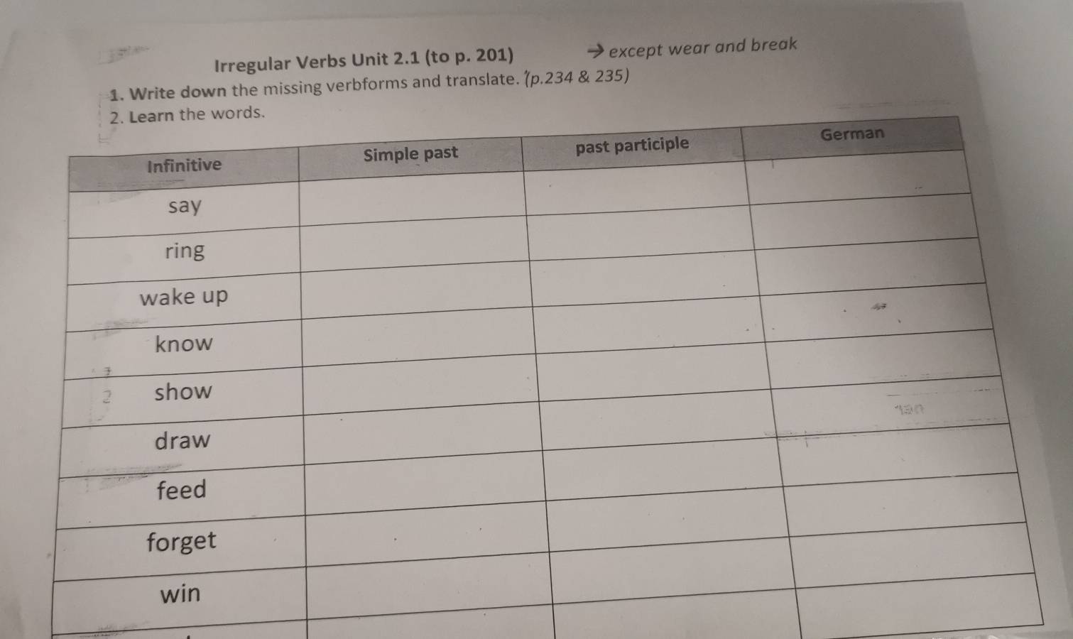 Gelöst:Irregular Verbs Unit 2.1 (to p. 201) except wear and break 1 ...