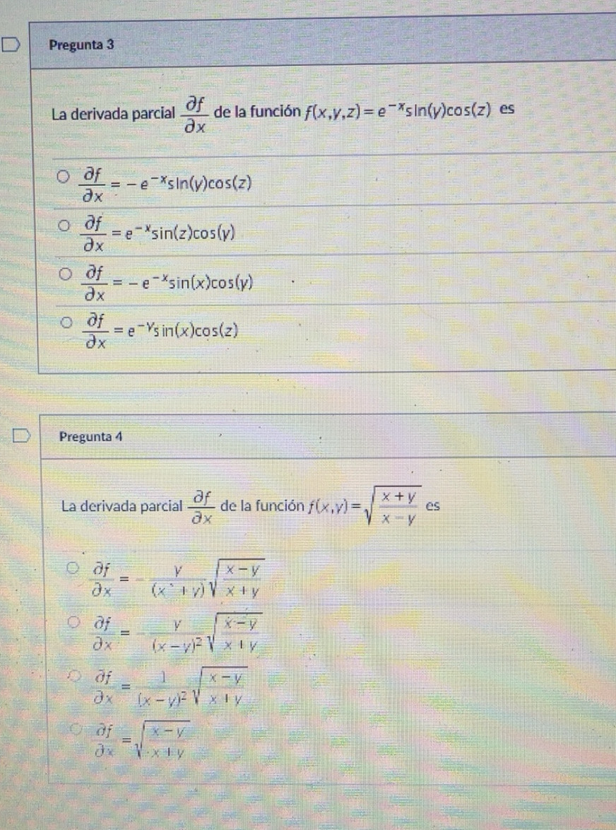 Resuelto:Pregunta 3 La derivada parcial partial f/partial x de la ...