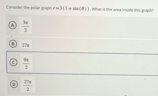 Solved: Consider the polar graph r=3(1+sin (θ )). What is the area ...