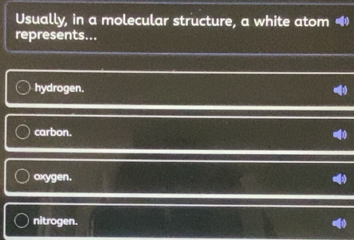 Solved: Usually, in a molecular structure, a white atom represents ...