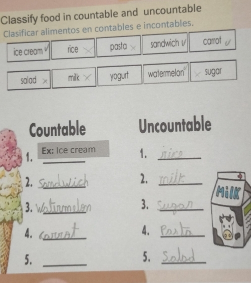 Resuelto:Classify food in countable and uncountable Clasificar ...