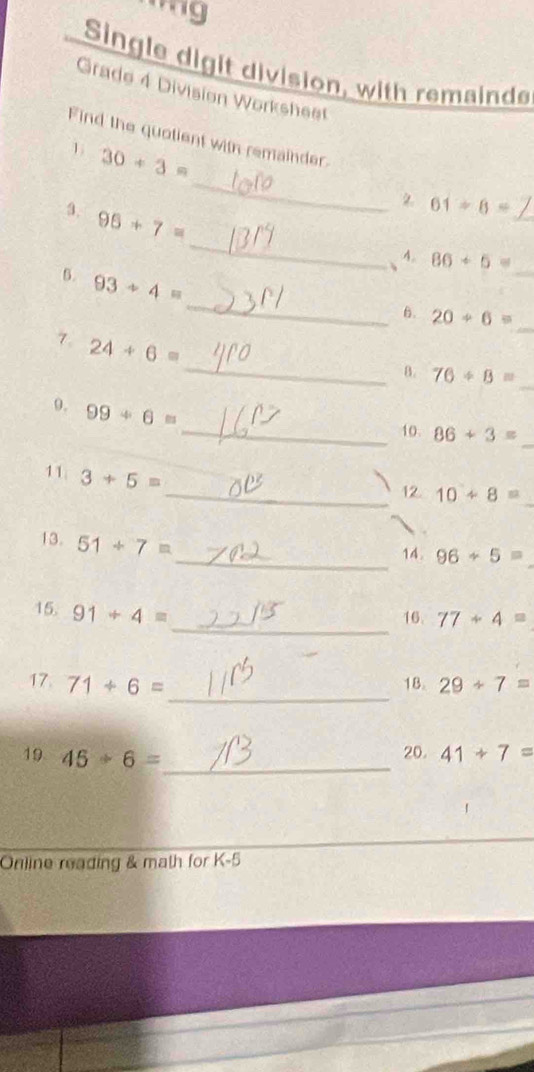 Solved: mg Single digit division, with remainde Grade 4 Division ...