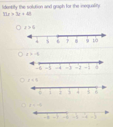 Solved: Identify the solution and graph for the inequality. 11z>3z+48 z ...