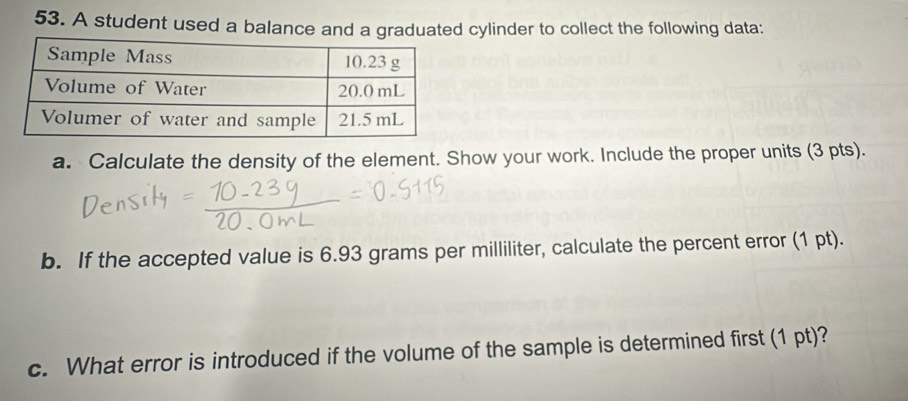 Solved: A student used a balance and a graduated cylinder to collect ...