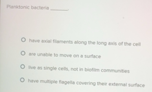 Solved: Planktonic bacteria _. have axial filaments along the long axis ...