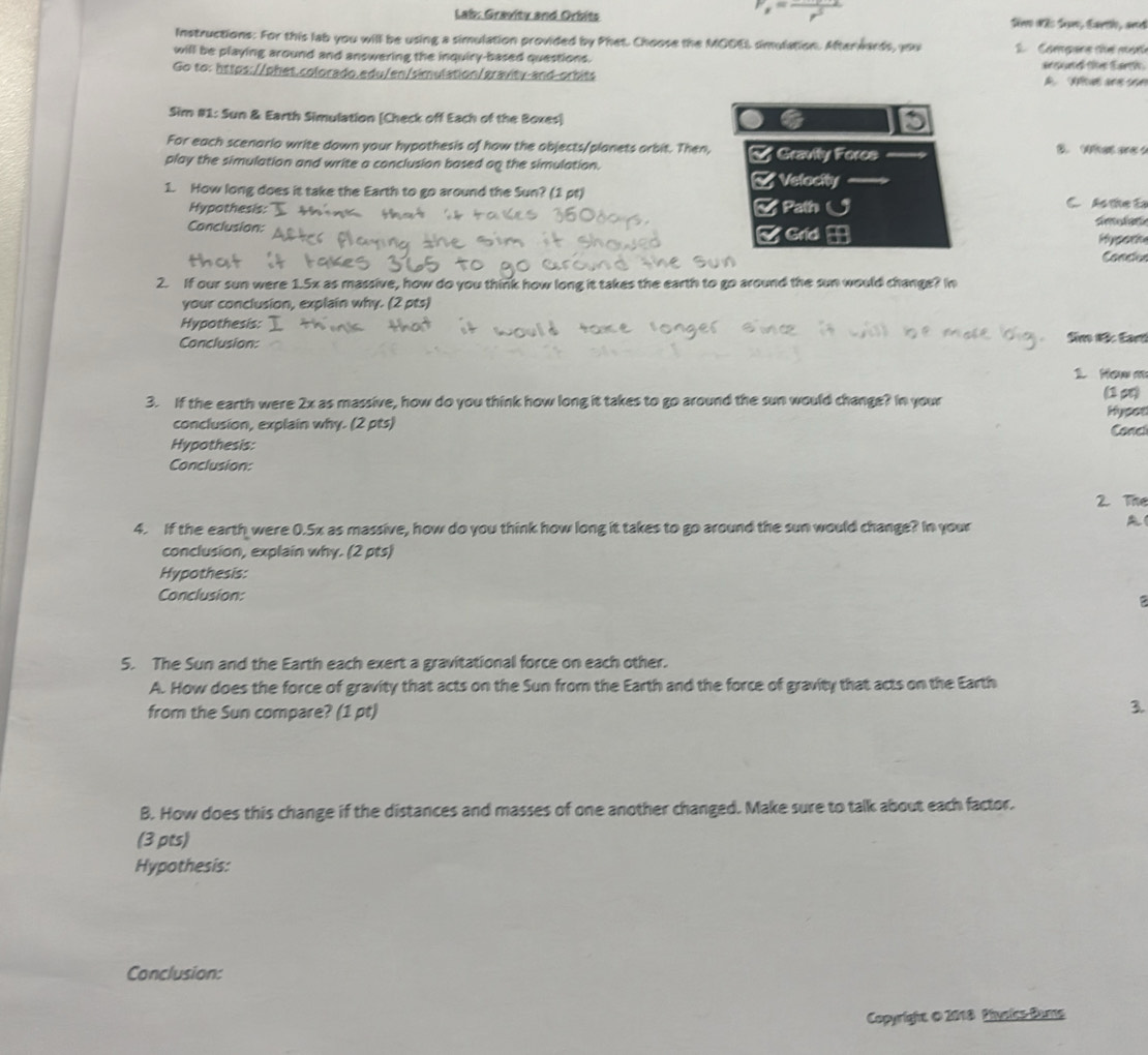 Solved: x=frac e^5 Lab: Gravity and Orbits Ser Kis Son, Earth, and ...