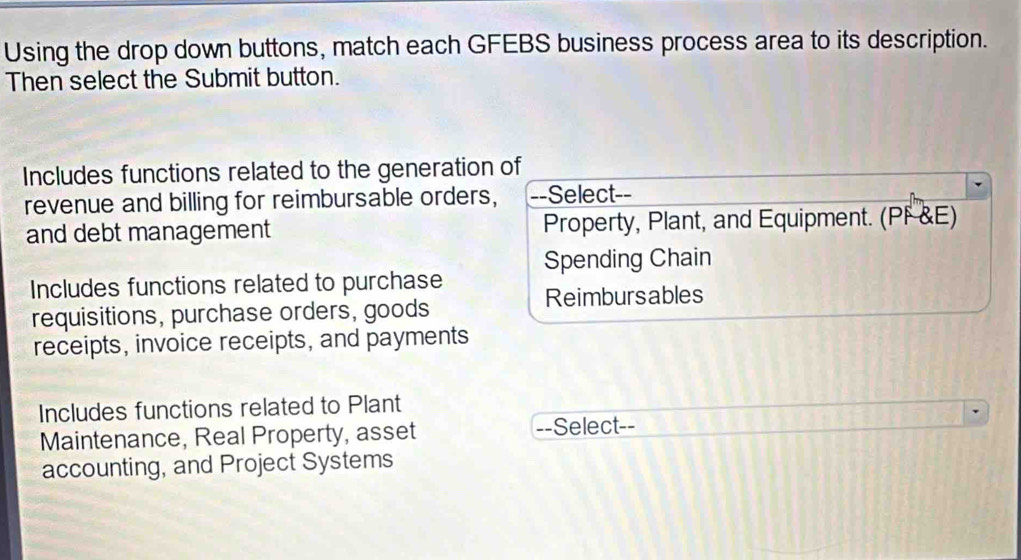 Solved: Using the drop down buttons, match each GFEBS business process ...