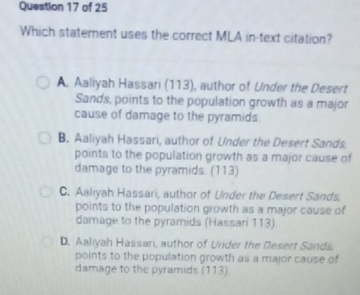 Solved: Which statement uses the correct MLA in-text citation? A ...