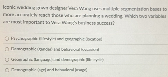 Solved: Iconic wedding gown designer Vera Wang uses multiple ...