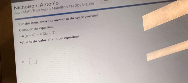 Solved: Nicholson, Antonio Alg I Math Trad Asst 1 Hamilton TN 2025-2026 ...