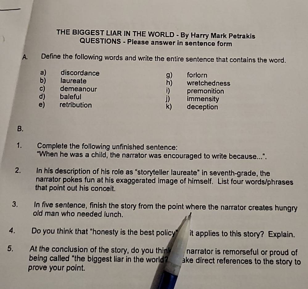 Solved: THE BIGGEST LIAR IN THE WORLD - By Harry Mark Petrakis ...