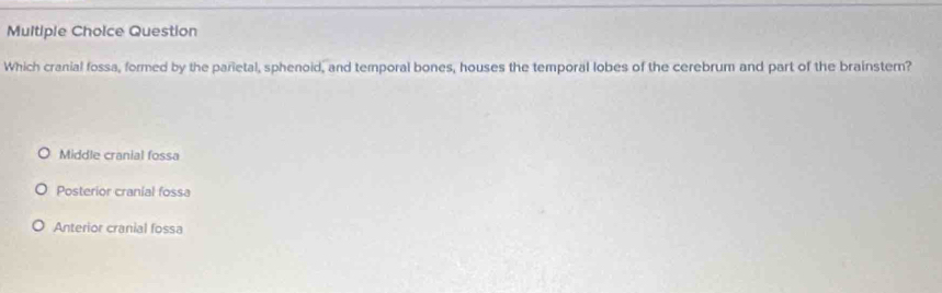 Solved: Question Which cranial fossa, formed by the parietal, sphenoid ...