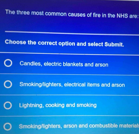 Solved: The three most common causes of fire in the NHS are: Choose the ...